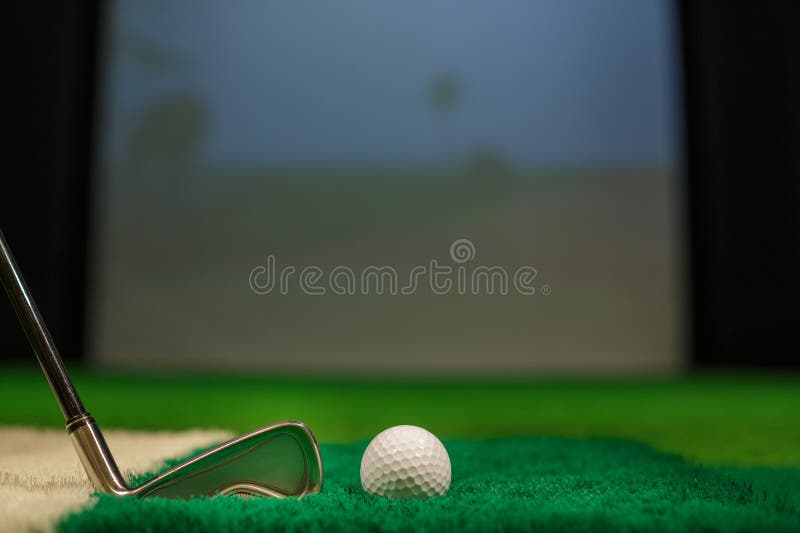 Golf Ball and Iron Club on Artificial Turf in Indoor Golf Simulator for ...