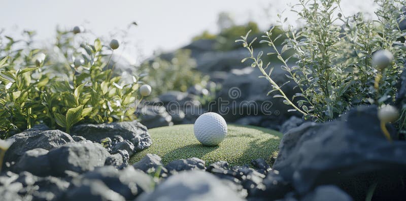 A Golf Ball Lies on a Putting Green Surrounded by Rocks and Greenery ...