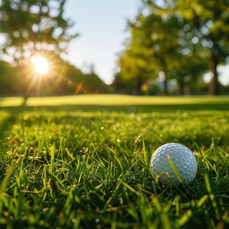Golf Ball on a Lush Green Course with Sun Shining in the Background ...