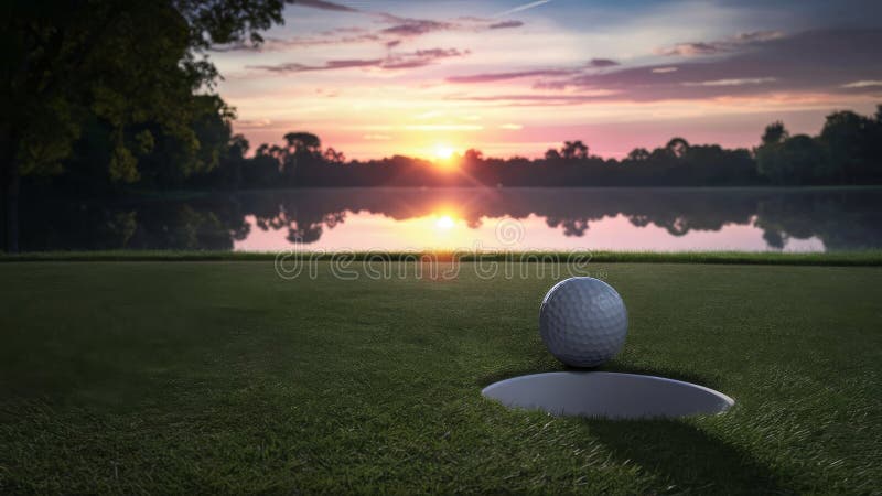 Golf Ball Near the Cup with a Beautiful Sunset Backdrop Stock ...