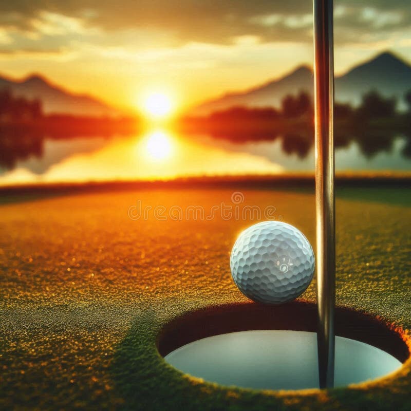 Golf Ball Near the Cup with a Beautiful Sunset Backdrop Stock ...
