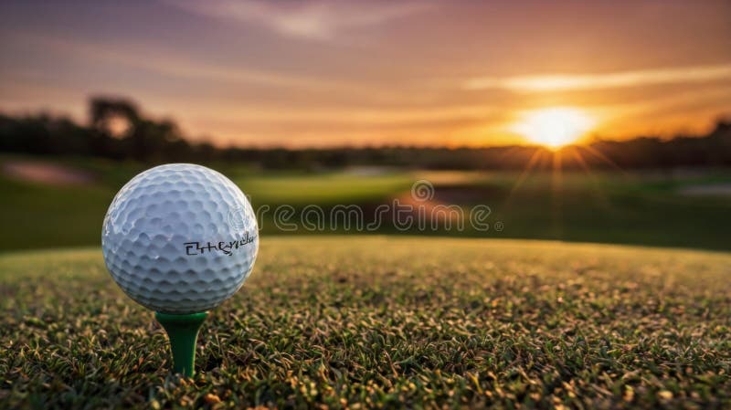Golf Ball Near the Cup with a Beautiful Sunset Backdrop Stock ...