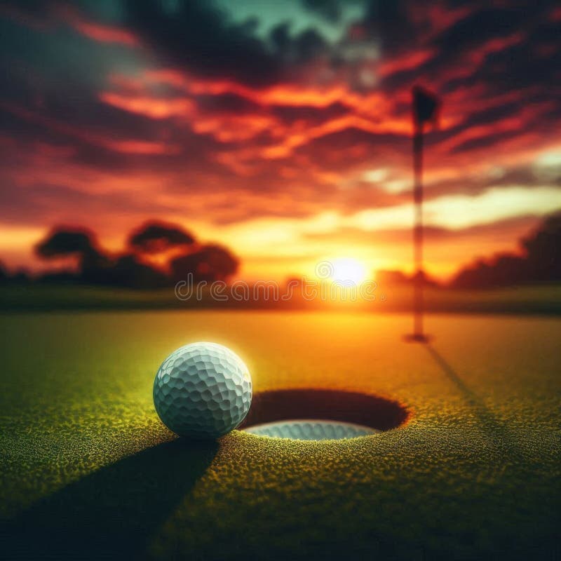 Golf Ball Near the Cup with a Beautiful Sunset Backdrop Stock ...
