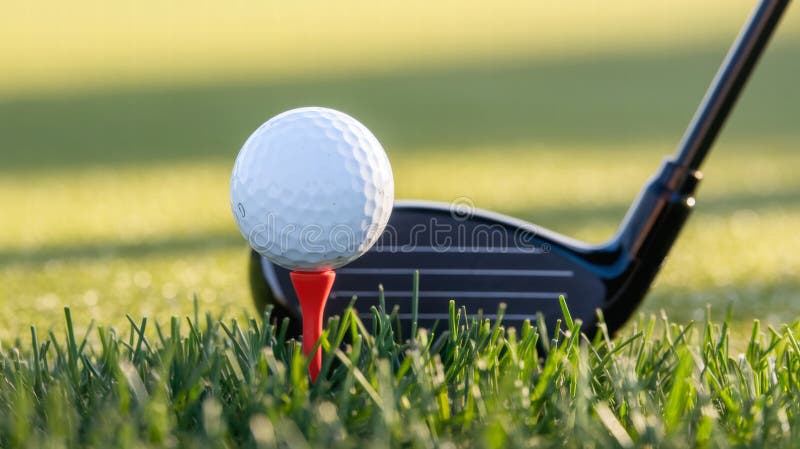 Golf Ball on Red Tee with Club in Grass with Copy-Space Stock Image ...