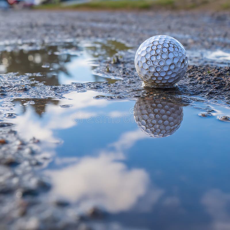 Golf Ball Reflection in Puddle after Rain on a Course Stock ...