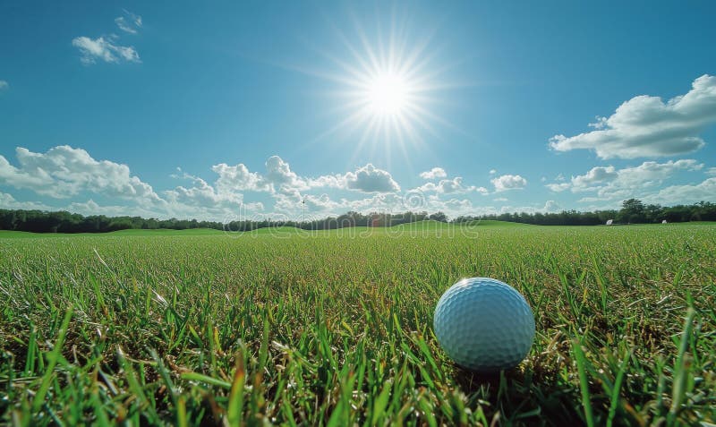 Golf Ball Resting on Lush Green Grass Under Bright Sun and Blue Sky ...