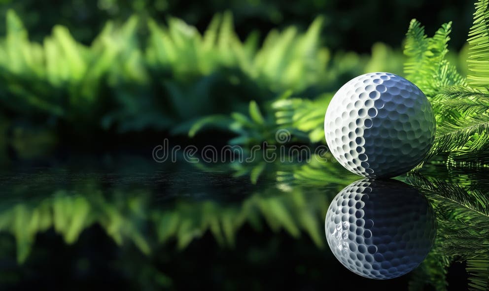 Golf Ball Resting on Reflective Surface Surrounded by Lush Greenery and ...