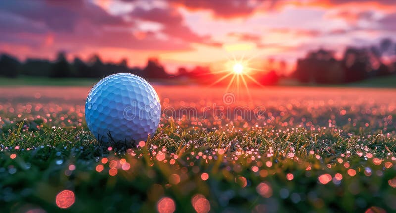 Golf Ball is Sitting on the Grass in Front of a Sunset. Stock Photo ...