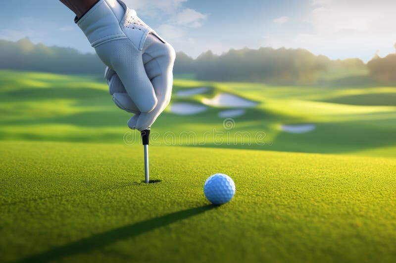 Golf Ball on Tee with Club, Hole, and Flag on a Green Course Stock ...