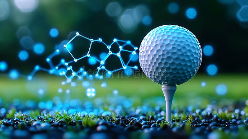 Golf Ball on Tee with Glowing Molecular Structure in Background Stock ...