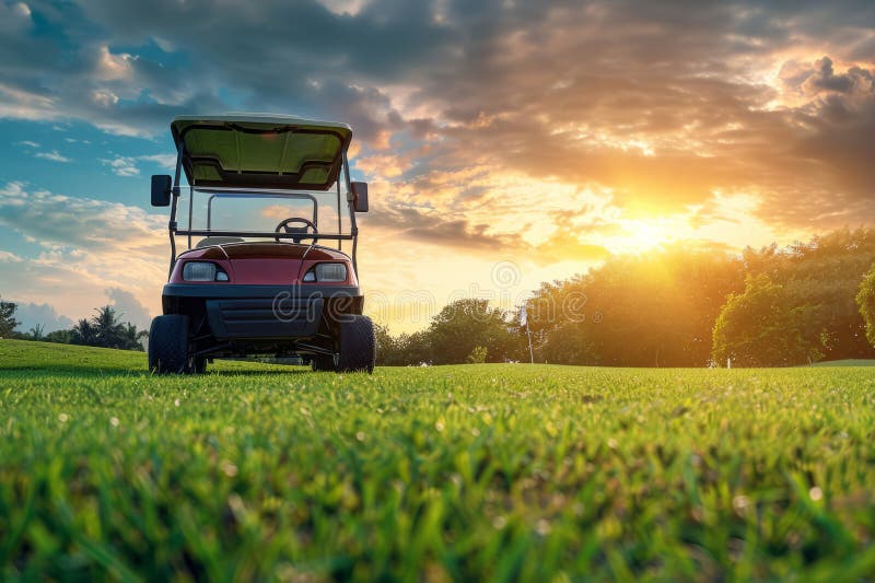 Golf Cart Car on Golf Course with Grass Field and Cloud Sky Stock Image ...