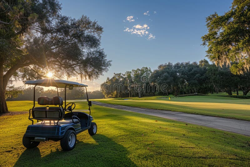 Golf Cart Parked on a Beautiful Golf Course on a Sunny Day Stock Photo ...