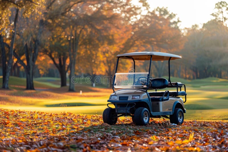 Golf Cart Parked on Golf Course at Sunset Stock Photo - Image of hour ...