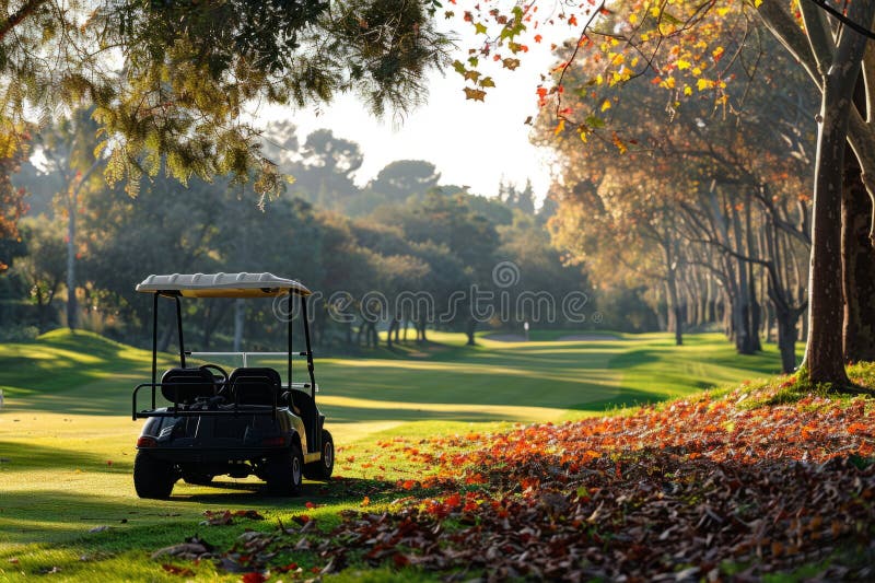 Golf Cart Parked on Golf Course at Sunset Stock Image - Image of ...