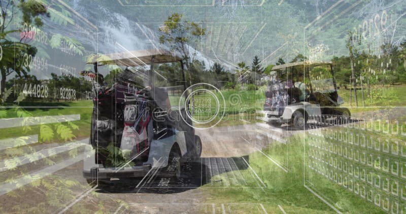 Golf Carts on Path with Digital Data Processing Animation Overlay Stock ...