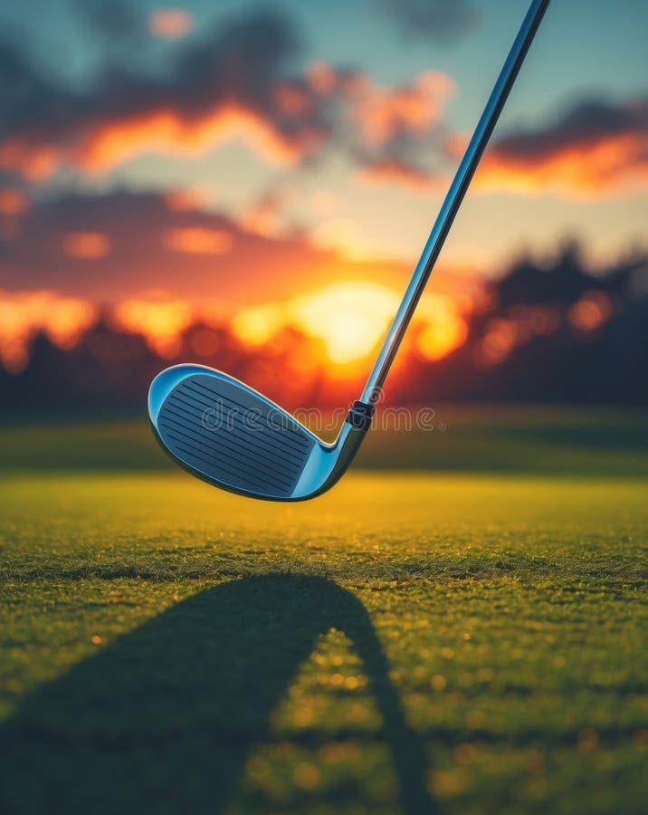 Golf Club Ready To Swing at a Pristine Green Lawn during Sunset Stock ...