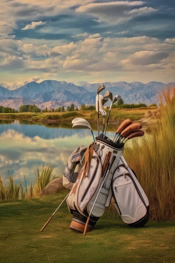 Golf Clubs in a Bag with a Scenic Golf Course Backdrop Stock ...