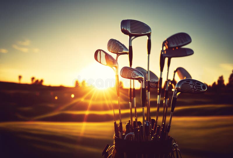 Golf Clubs on Golf Course at Sunset. Generative AI Stock Illustration ...