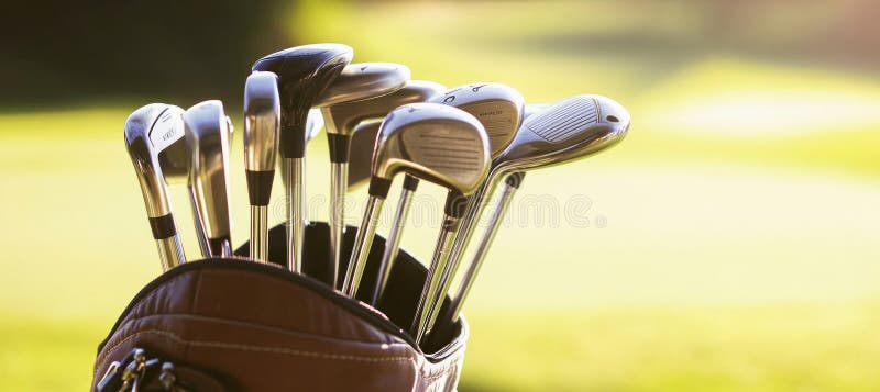 Golf Clubs Resting in Leather Bag on Course Ready for Golfer Stock ...