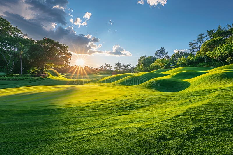 Golf Course with a Bright Sun Shining on the Grass Stock Illustration ...