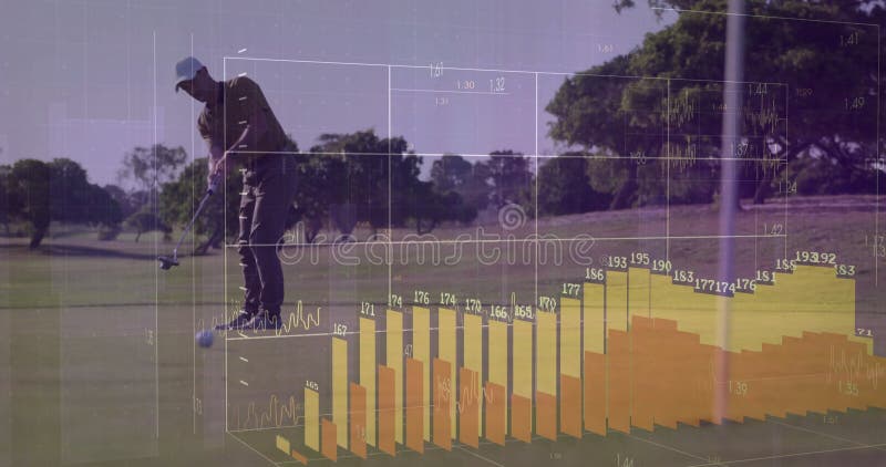 On Golf Course, Golfer Putting with Animation of Bar Graphs Overlaying ...