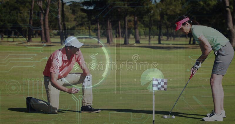 On Golf Course, Golfer Putting with Animation of Digital Data Overlay ...