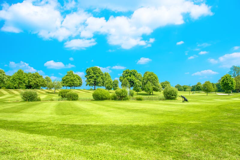Golf Course and Blue Sunny Sky. Green Field Landscape Stock Image ...