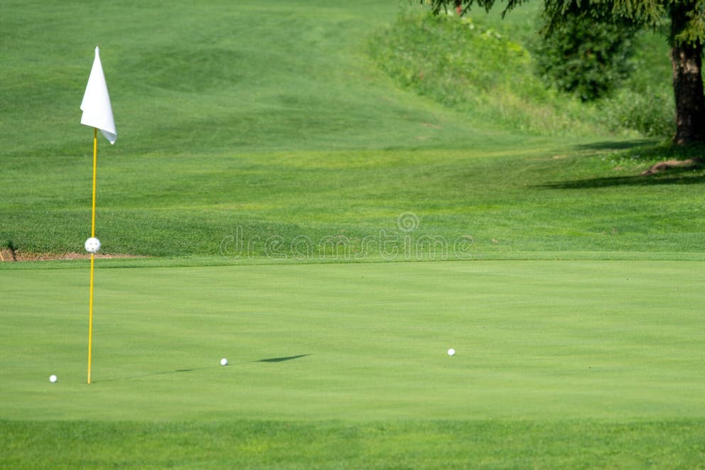 Golf Course, Golf Green with Flag in the Hole Stock Image - Image of ...