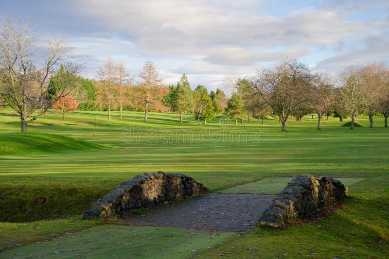 Golf Course Green with Foot Bridge Over Stream Stock Image - Image of ...