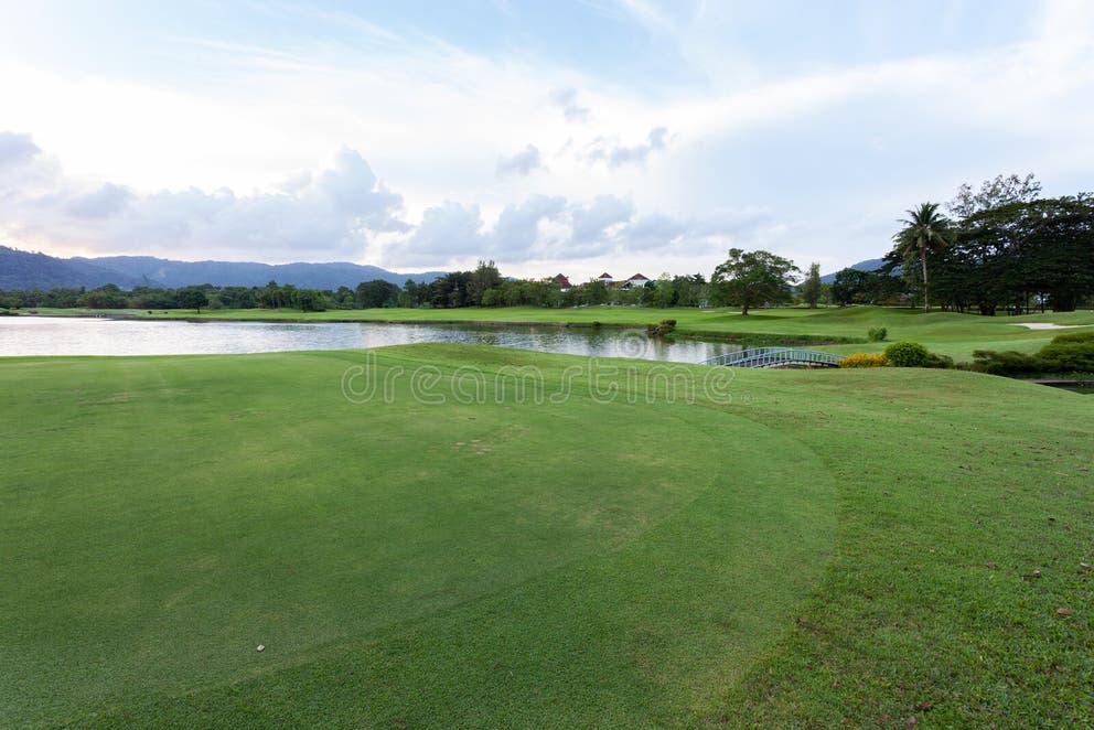 Golf Course Green Grass Field and Lagoon Stock Photo - Image of land ...
