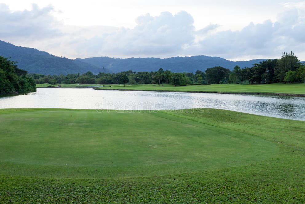 Golf Course Green Grass Field and Lagoon. Stock Photo - Image of hole ...