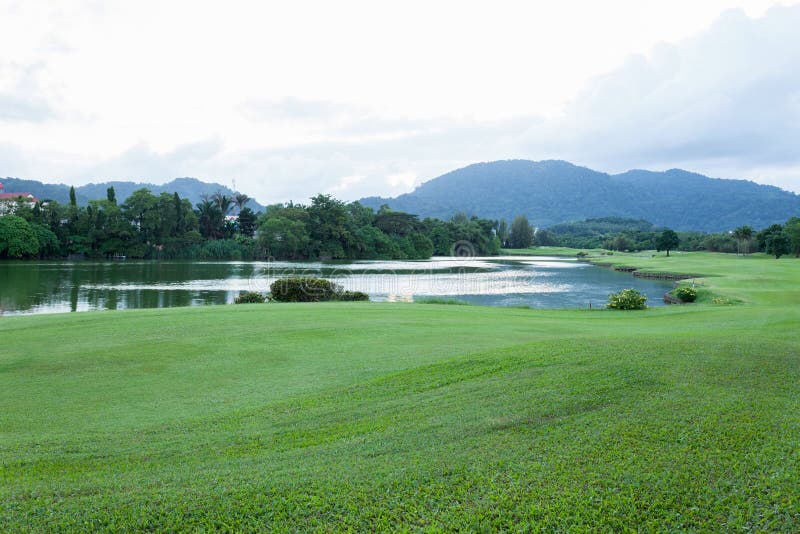 Golf Course Green Grass Field and Lagoon Stock Image - Image of summer ...