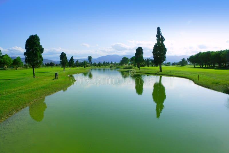 Golf Course Green Grass Field Lake Reflection Stock Image - Image of ...