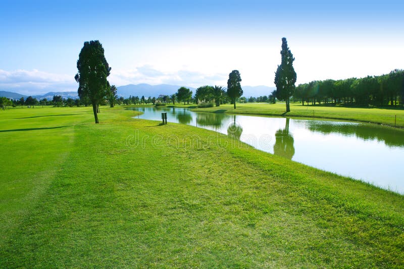 Golf Course Green Grass Field Lake Reflection Stock Photo - Image of ...