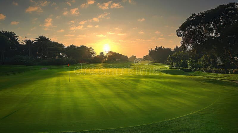 A Golf Course with a Green Grass Field and a Red Flag on the Ground ...
