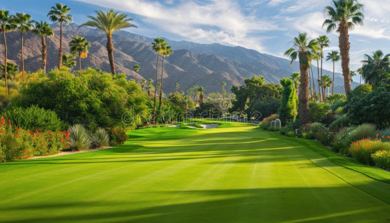 In the Background of a Golf Course are Palm Trees and Mountains ...
