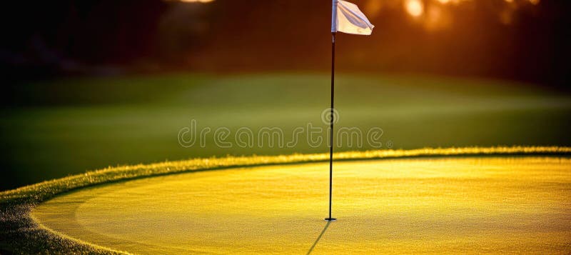 Golf Course Hole Pin with Flag at Sunset, Golfing Background Stock ...