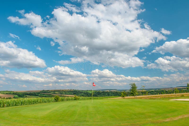 Golf Course Landscape Golf Field Green Grass Red Flag Blue Sky Stock ...