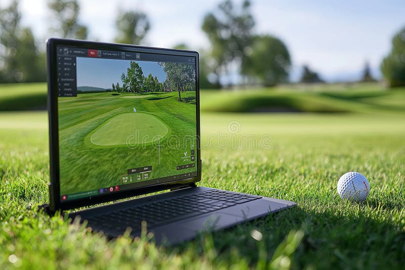 Golf Course on Laptop Screen and Golf Ball on Green Grass. Stock Image ...
