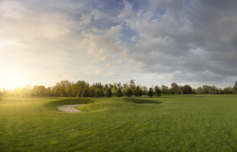 Golf Course with Lawn. Evening Landscape in the Park Stock Photo ...