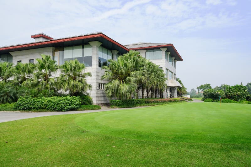 Golf Course before Modern Building in Sunny Autumn Stock Image - Image ...