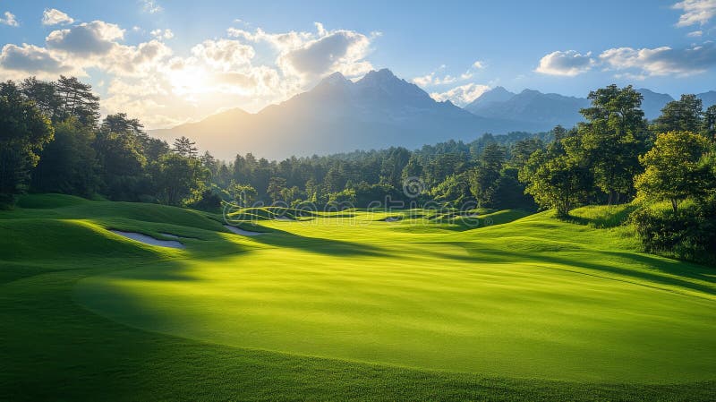 Golf Course with Mountain and Blue Sky Background Stock Illustration ...