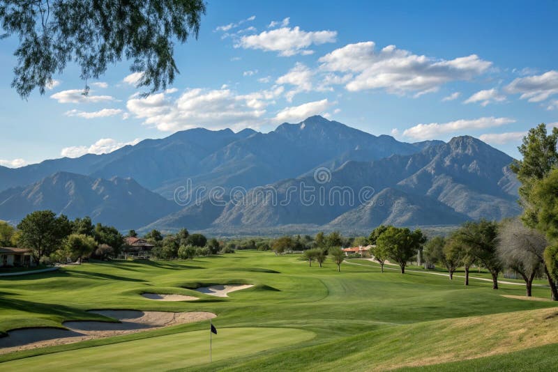 Golf Course with Mountain and Blue Sky Stock Illustration ...
