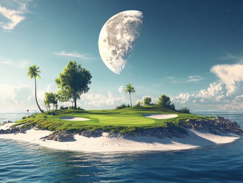 Golf Course at Night with Moon Stock Image - Image of generated ...