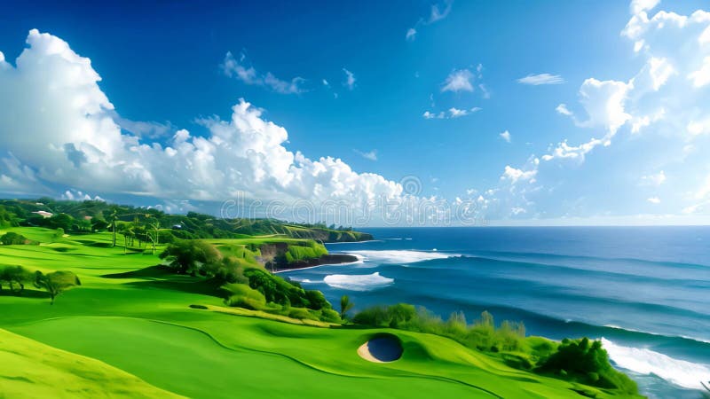Golf Course Overlooking the Ocean on a Sunny Day, a Panoramic View of a ...