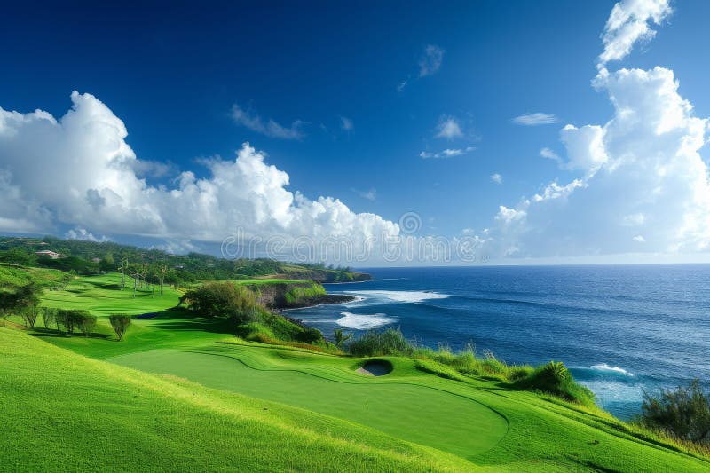Golf Course Overlooking the Ocean on a Sunny Day, a Panoramic View of a ...