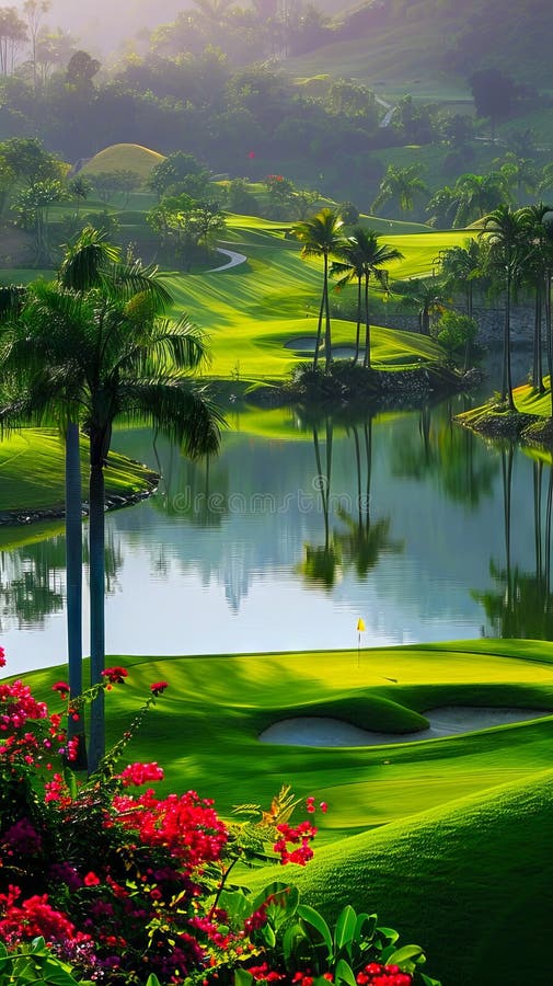 A Golf Course with Palm Trees and Flowers Stock Image - Image of ...