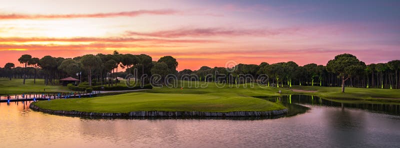 Golf Course at Sunset with Beautiful Sky and Sand Trap. Scenic ...