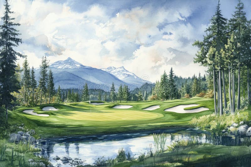 Mountain Golf Course Watercolor Stock Illustration - Illustration of ...