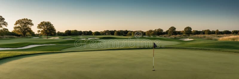 Golf Course Scenery. Green Field, Flag and Sand Traps Under Tranquil ...